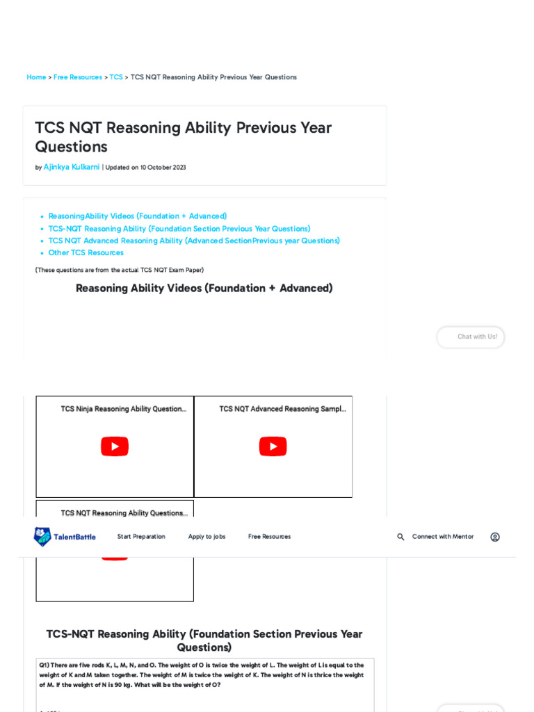 TCS NQT Reasoning Ability Previous Year Questions | PDF
