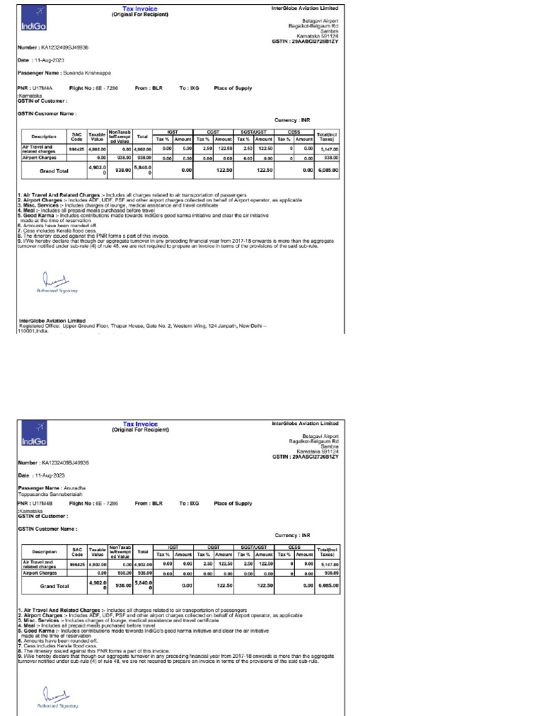 Tax Invoice BLR To IXG | PDF