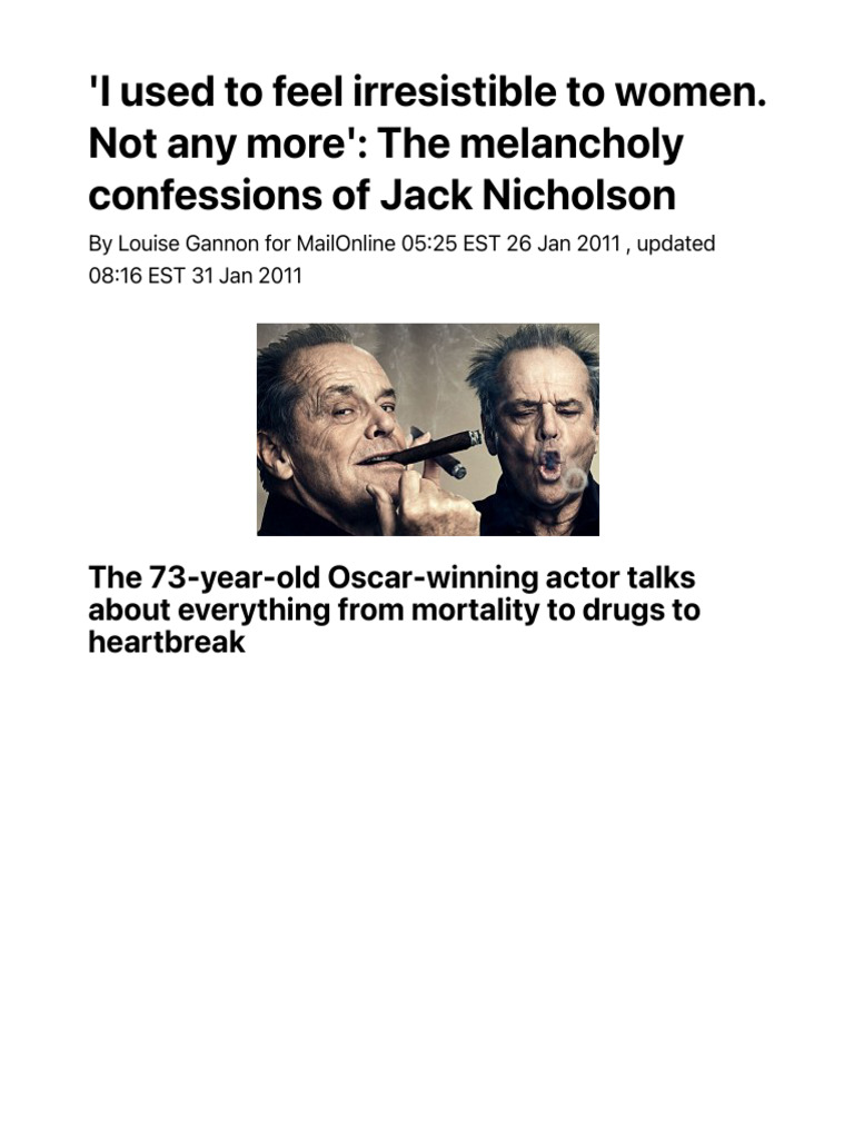 Jack Nicholson - 'I Used To Feel Irresistible To Women. Not Any More ...