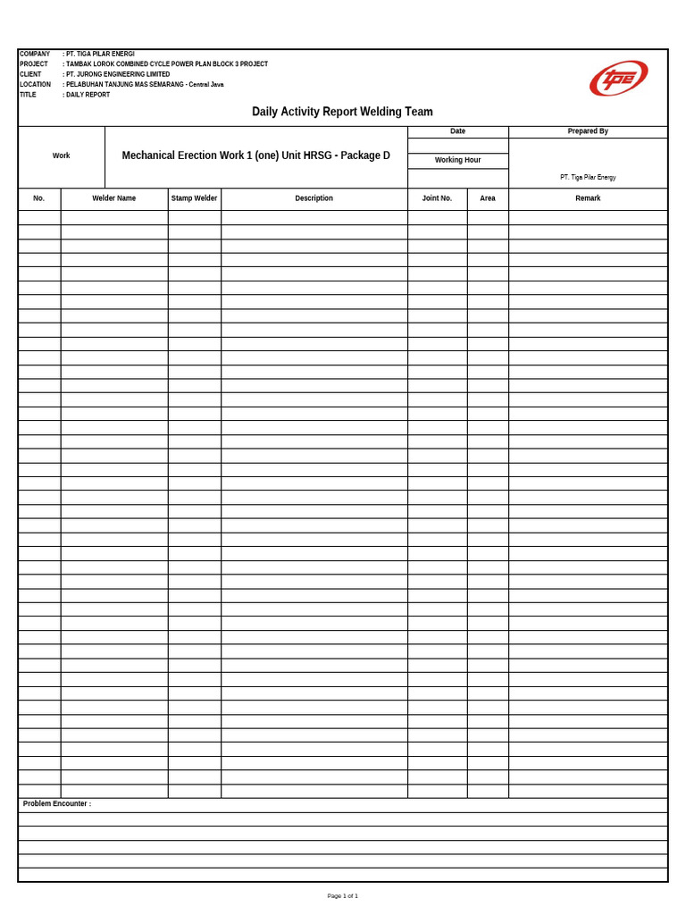 Form Daily Report Welding Team | PDF