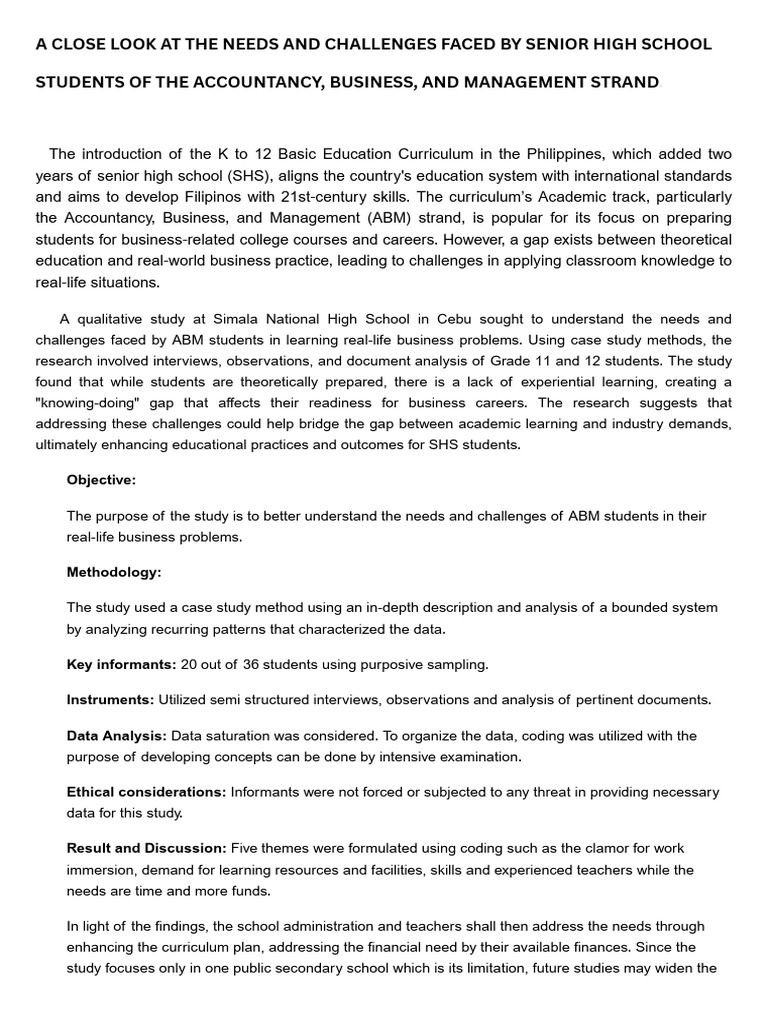 A Close Look at The Needs and Challenges Faced by Senior High School ...