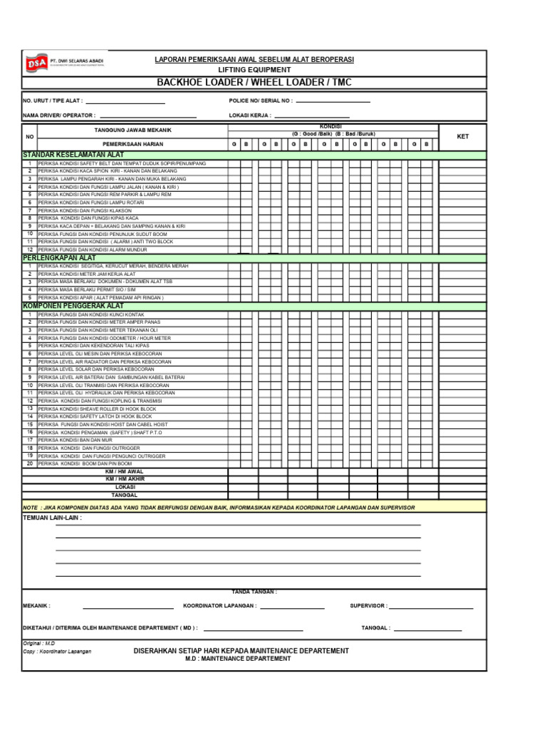 Pre Start-Checklist TML - BHL - WHL | PDF