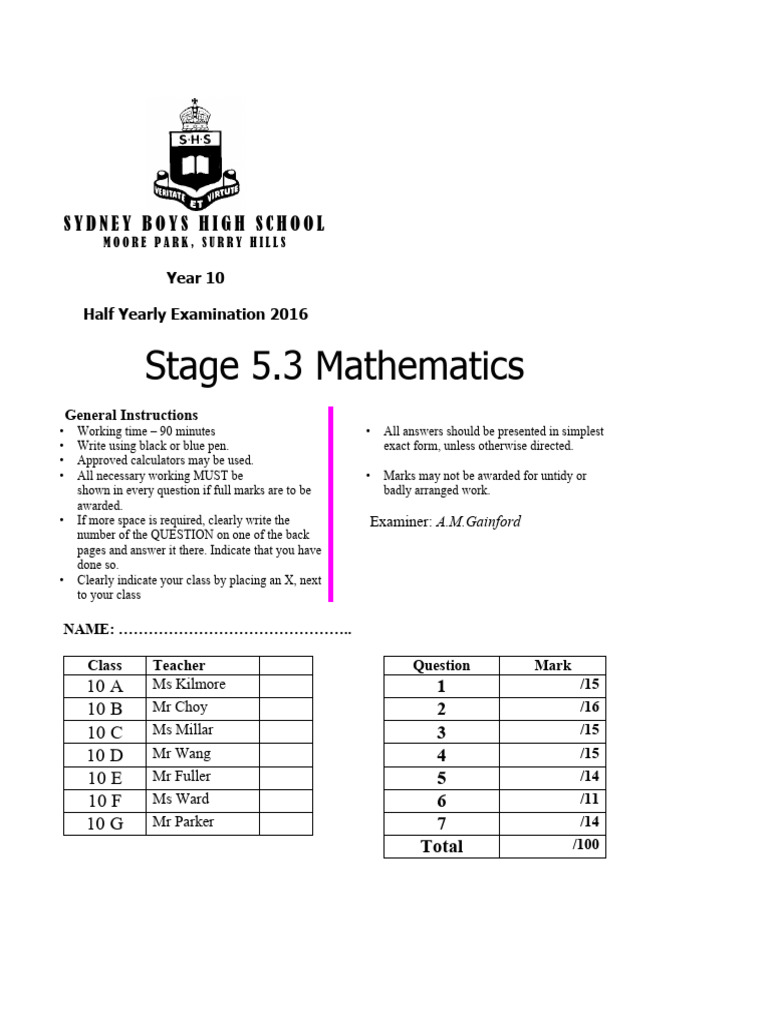 Sydney Boys 2016 Year 10 Maths HY & Solutions | PDF