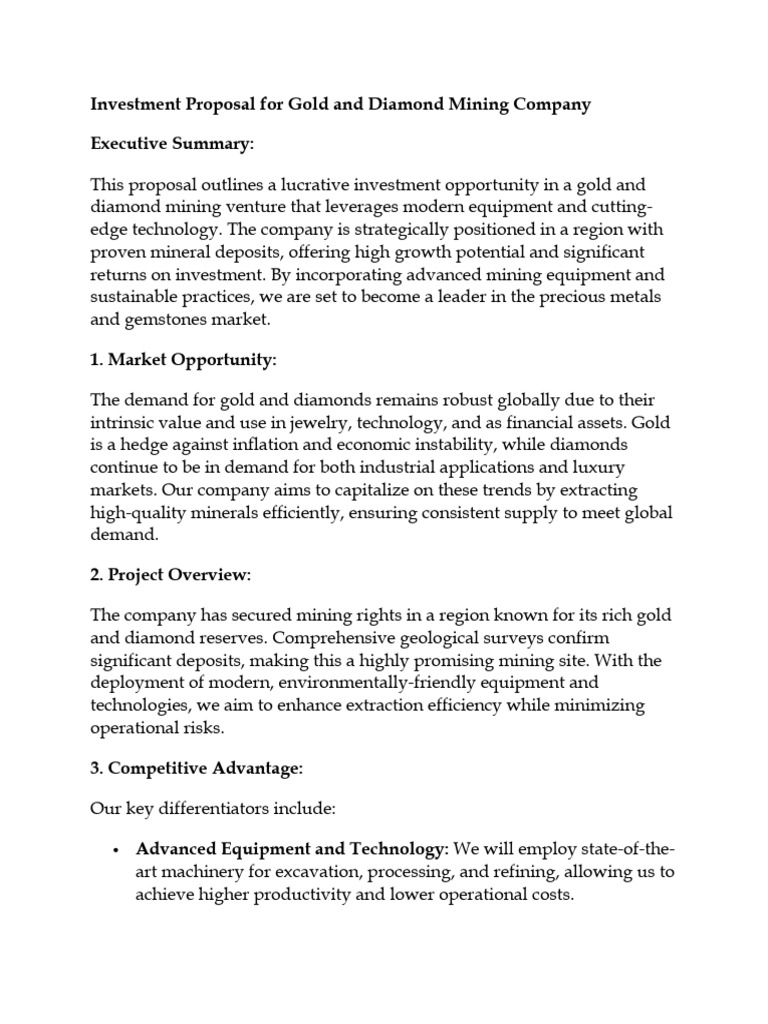 Investment Proposal For Gold and Diamond Mining Company | PDF