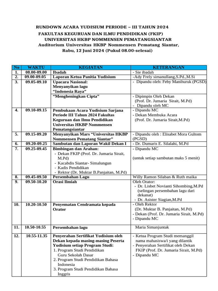Rundown Acara Yudisium Angkatan III FKIP UHKBPNP 2024 | PDF