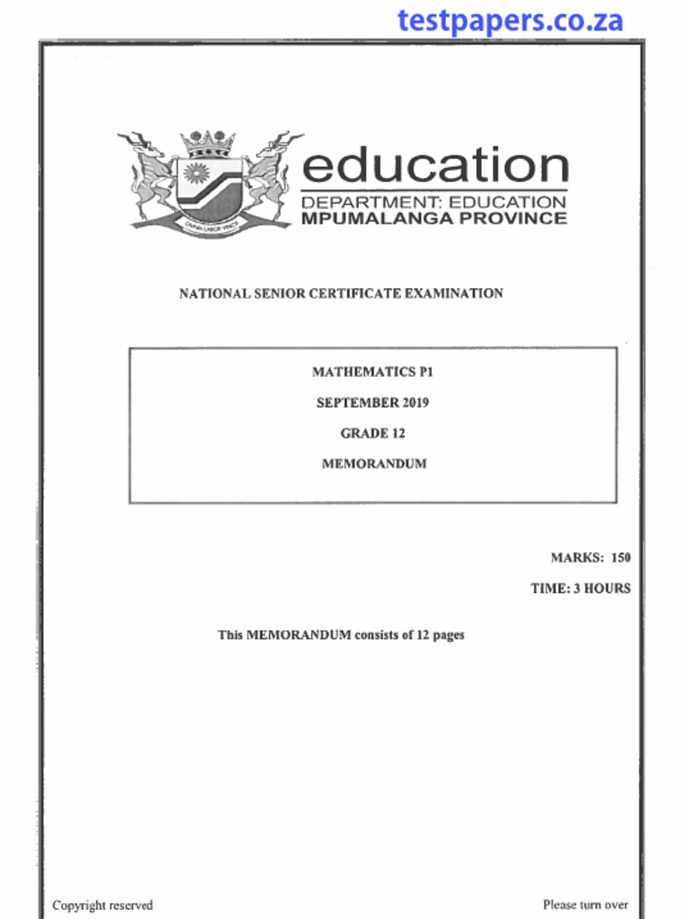 2019 Grade 12 Math Trial Exam Paper 1 MP Memo | PDF