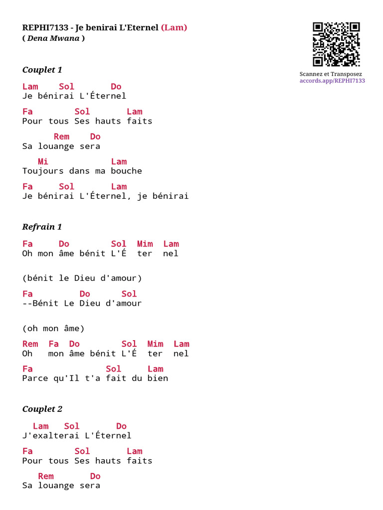 Je Benirai L'Eternel Paroles Accords (Lam) | PDF