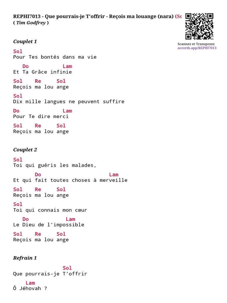 Que Pourrais-Je T'offrir - Recois Ma Louange (Nara) Paroles Accords (Sol) | PDF