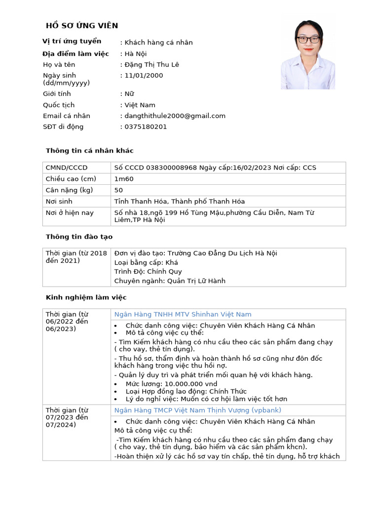 CV - VIB - Thu Lê - KHCN 1 | PDF