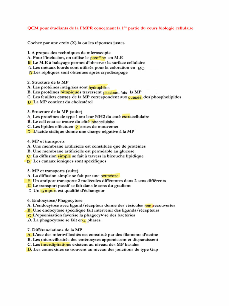 QCM 1 Biocell' Corrigé | PDF