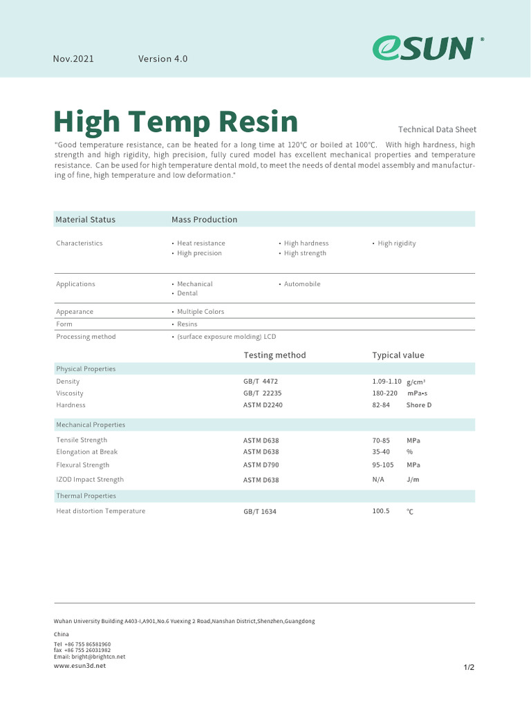 eSUN High-Temp-Resin TDS V4.0 | PDF