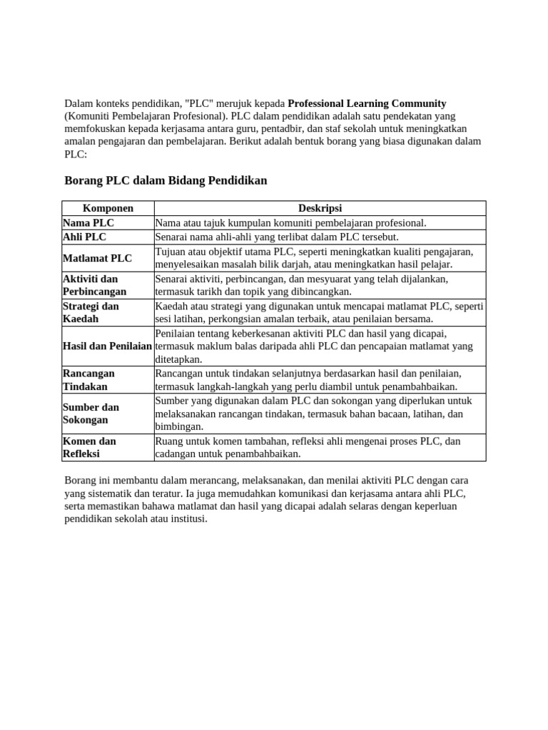 Borang PLC Dalam Bidang Pendidikan | PDF