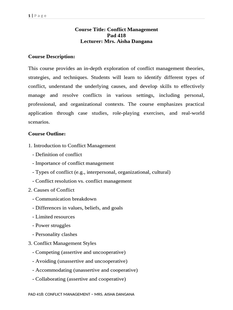 Conflict Management Course Lecture Notes | PDF