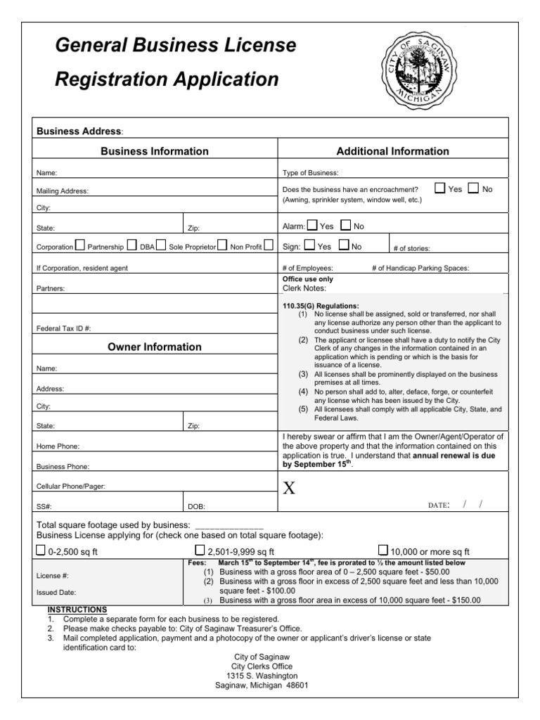 Business License Application Form - City of Saginaw MI | PDF