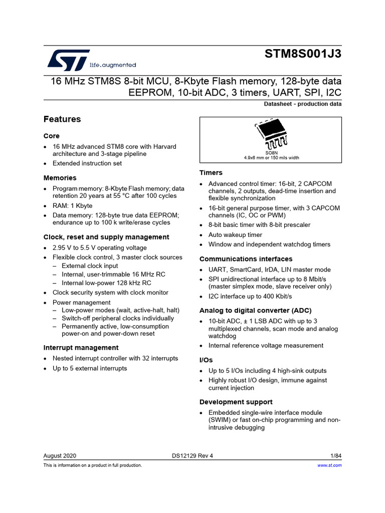 Stm8S001J3: 16 MHZ Stm8S 8-Bit Mcu, 8-Kbyte Flash Memory, 128-Byte Data Eeprom, 10-Bit Adc, 3 ...