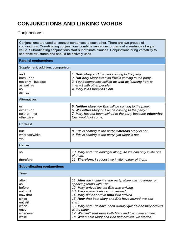 Conjunctions and Linking Words Guide | PDF | Grammatical Number ...
