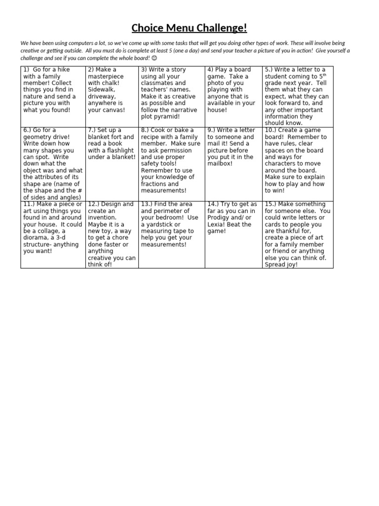 Choice Menu Challenge! | PDF