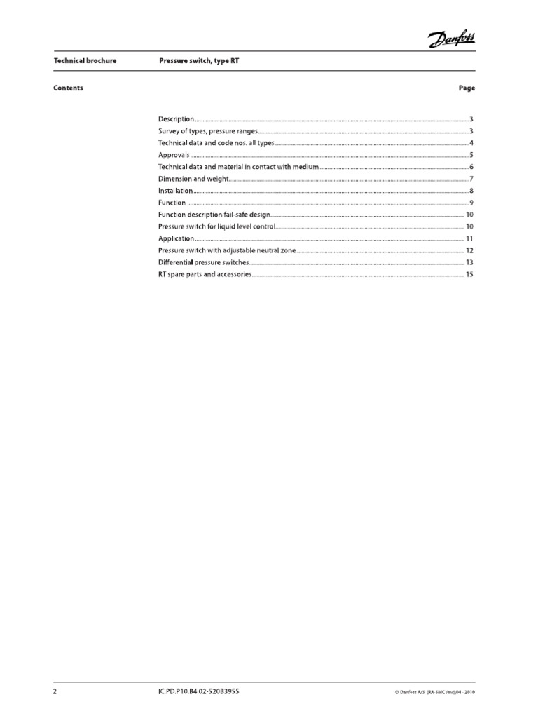 DANFOSS Differential Pressure Switch RT262A | PDF