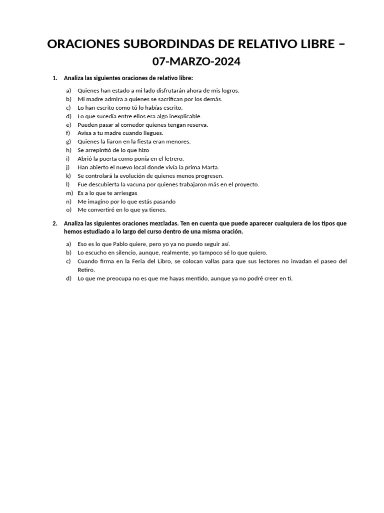 Oraciones Subordinadas de Relativo Libre - 07-Marzo-2024 | PDF