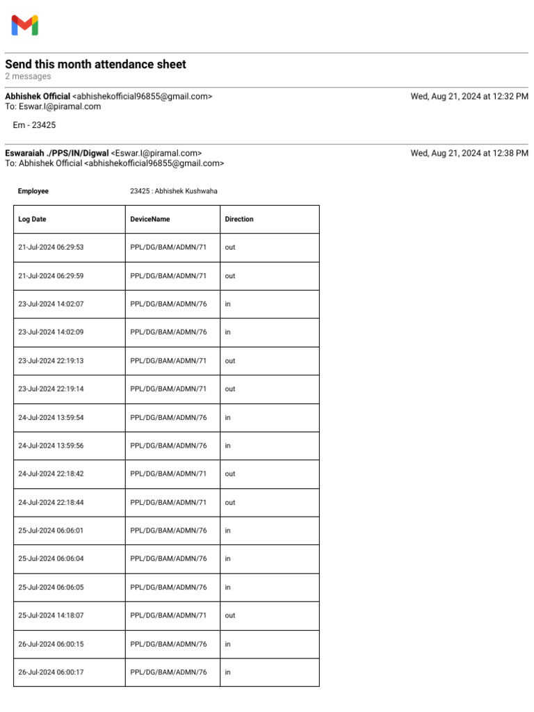 Gmail - Send This Month Attendance Sheet | PDF