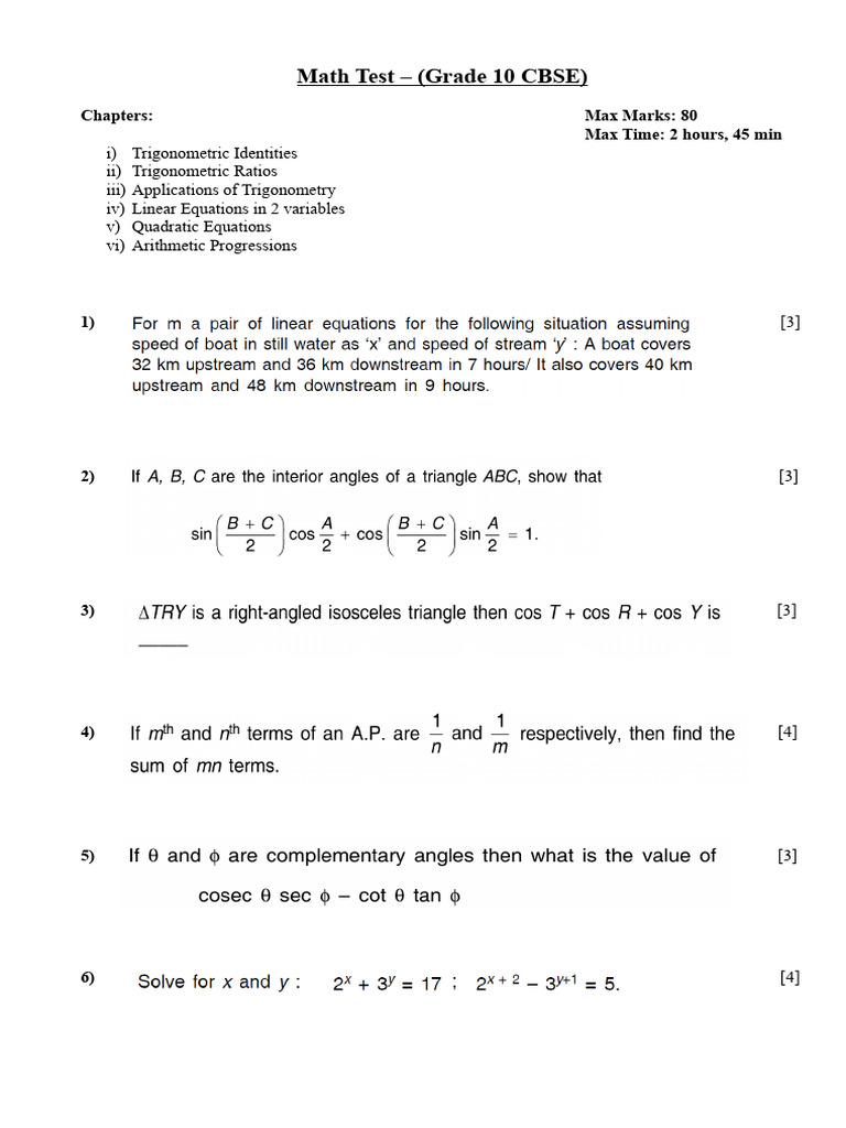 Math Test - (Grade 10 CBSE) 2 | PDF