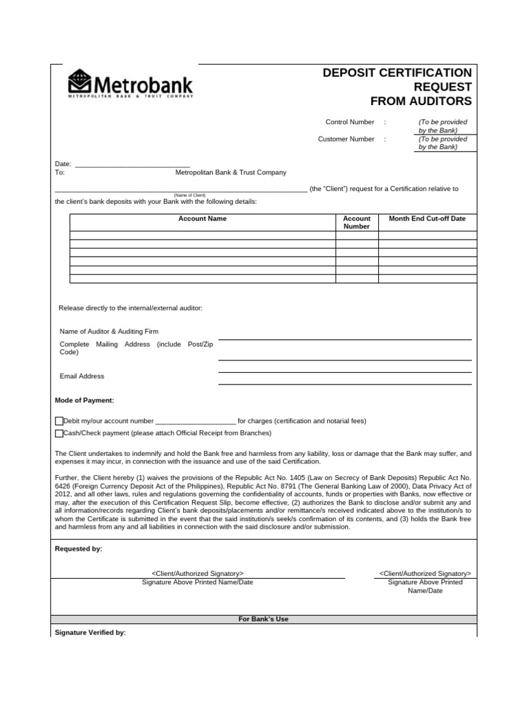 Deposit Certification Request Form (May 2022) | PDF