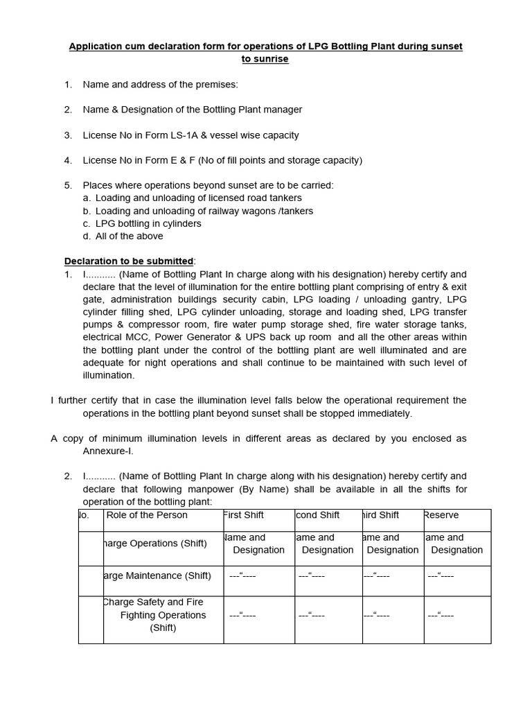 LPG Bottling Plant Night Operations Form | PDF | Business | Technology ...