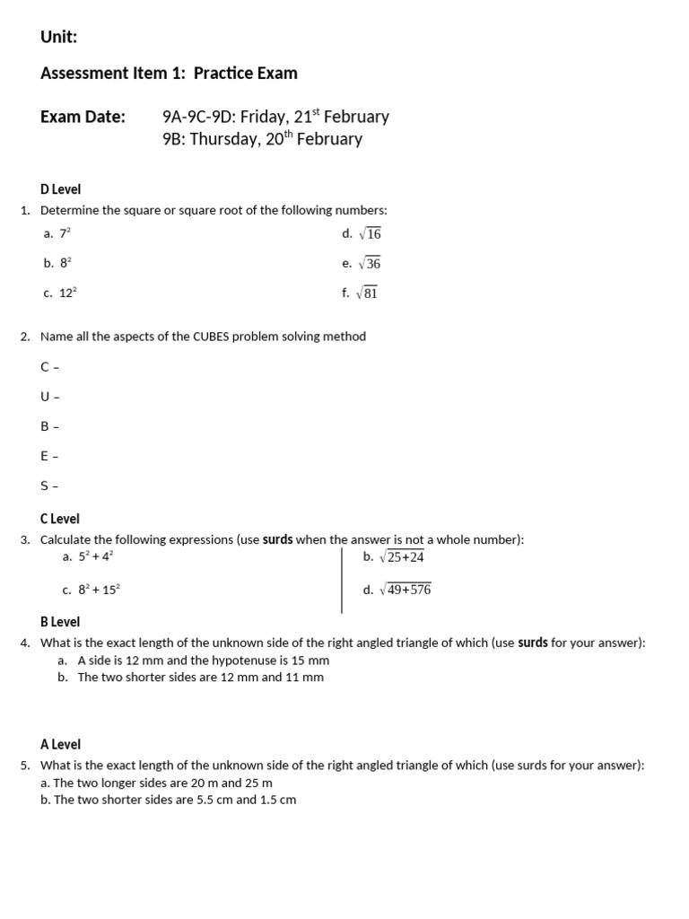 T1 Exam 1 - Pythagoras Theorem PRACTICE | PDF