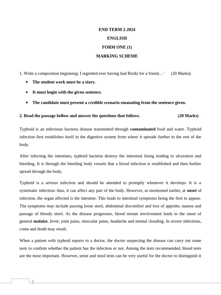 Form 1 English - Marking Scheme | PDF