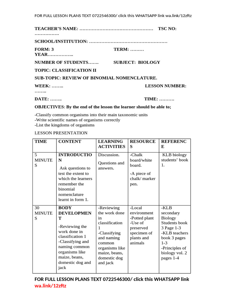 Biology Lesson Plan Form 1 2 3 4 Sample | PDF | Lesson Plan | Taxonomy ...