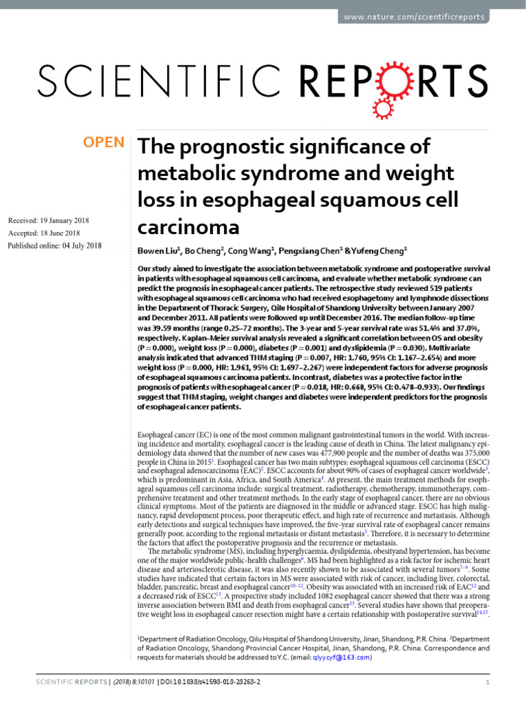 2-The Prognostic Significance of Metabolic Syndrome and Weight Loss in Esophageal Squamous Cell ...