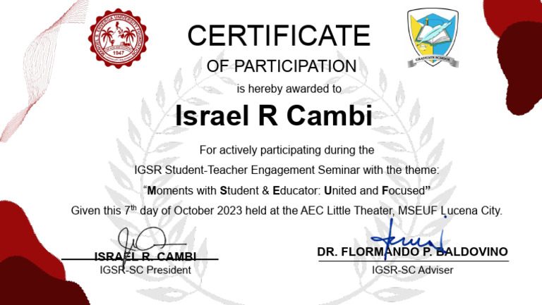 First Name, Middle Initial, Last Name, - MSEUF Certificates | PDF