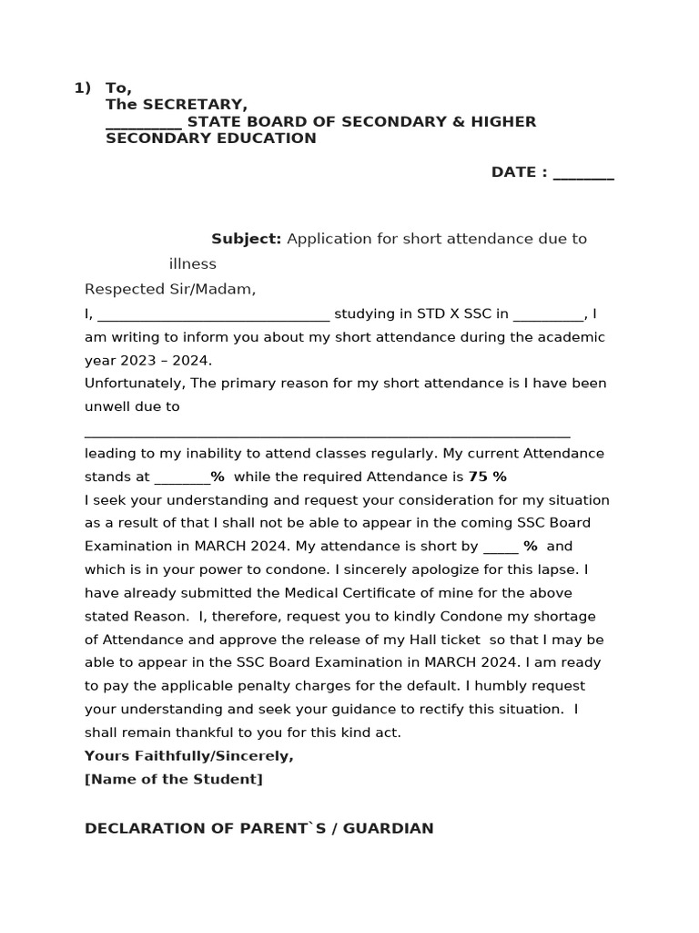 Student Short Attendance Condonation Letter For State Board Exam | PDF