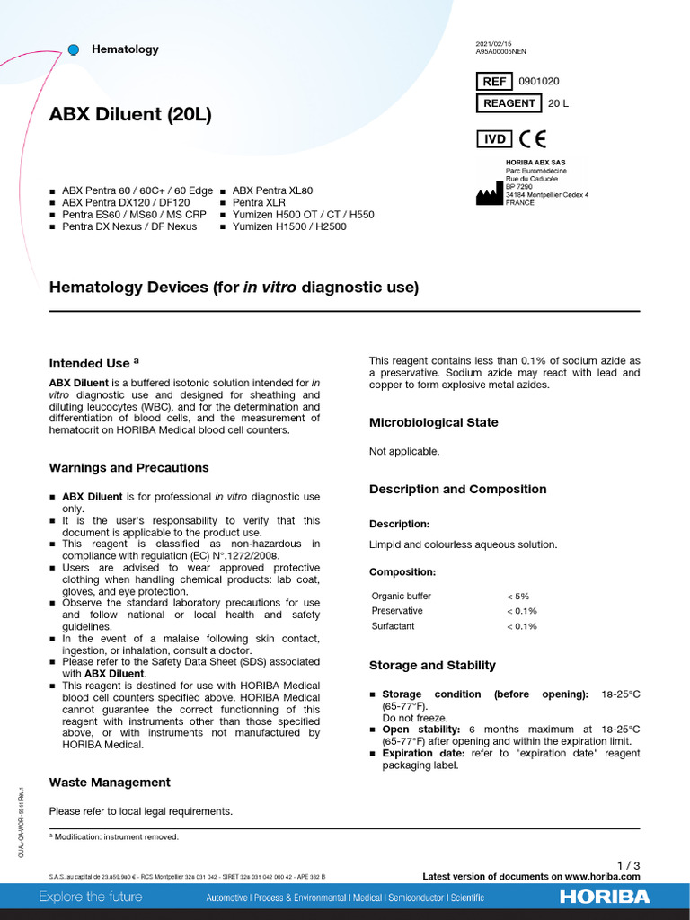 ABX Diluent for Hematology Analysis | PDF | Chemical Substances