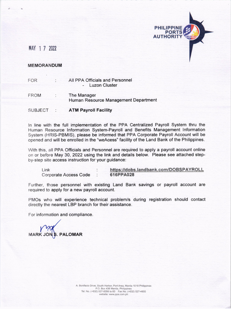 CBS All PPA Officials & Pers'l Luzon Cluster Memo-ATM Payroll Facility ...