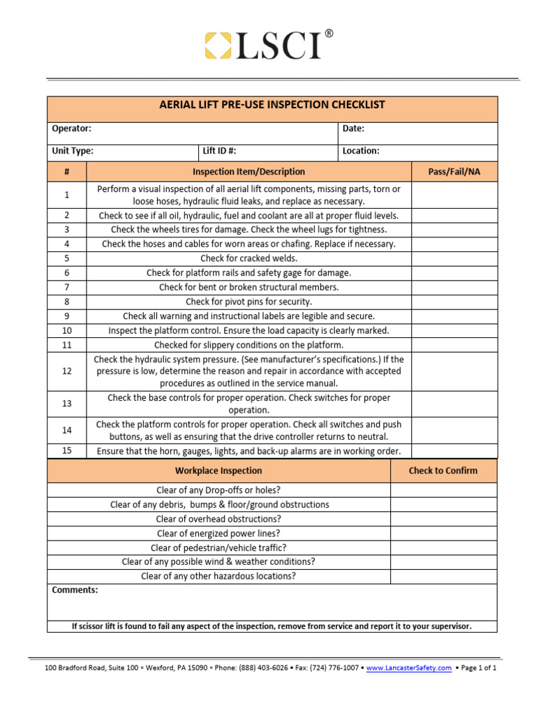 Aerial Lift Pre Use Inspection Checklist | PDF