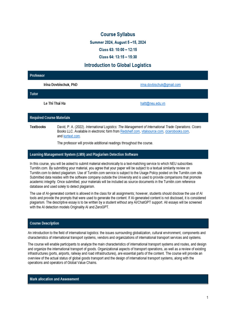 LSIC Syllabus Introduction To Global Logistics | PDF