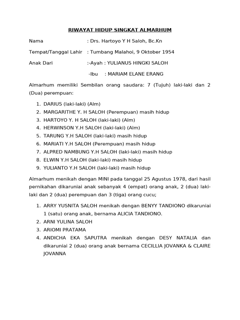 Riwayat Hidup Singkat Almarhum Hartoyo Yh Saaloh | PDF