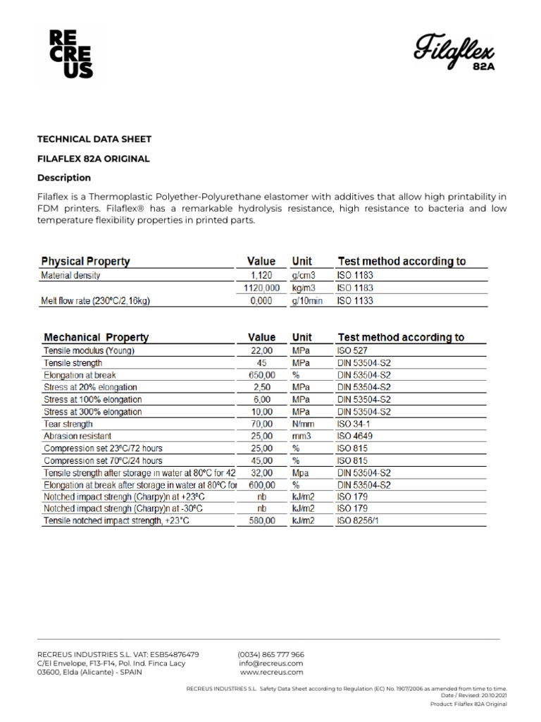 Filaflex 82a Original - Technical Data Sheet - TDS - 2023 | PDF