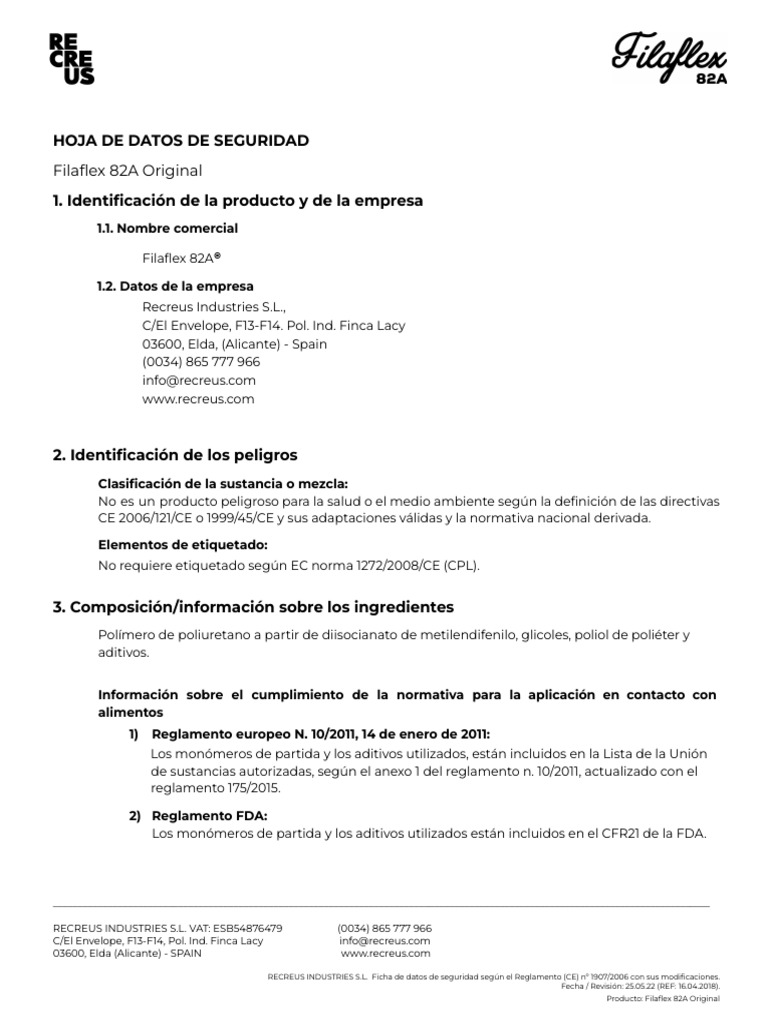 ES _ FILAFLEX 82A ORIGINAL _ FICHA DE SEGURIDAD _ MSDS _ 2020 | PDF