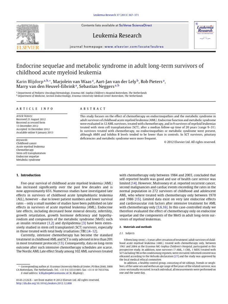 Endocrine Sequelae and Metabolic Syndrome in Adult Long Term Survivors | PDF | Leukemia ...