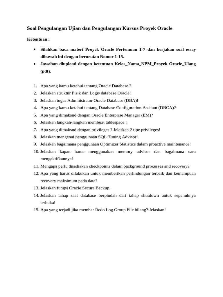 Soal Pengulangan Ujian Dan Pengulangan Kursus Proyek Oracle | PDF