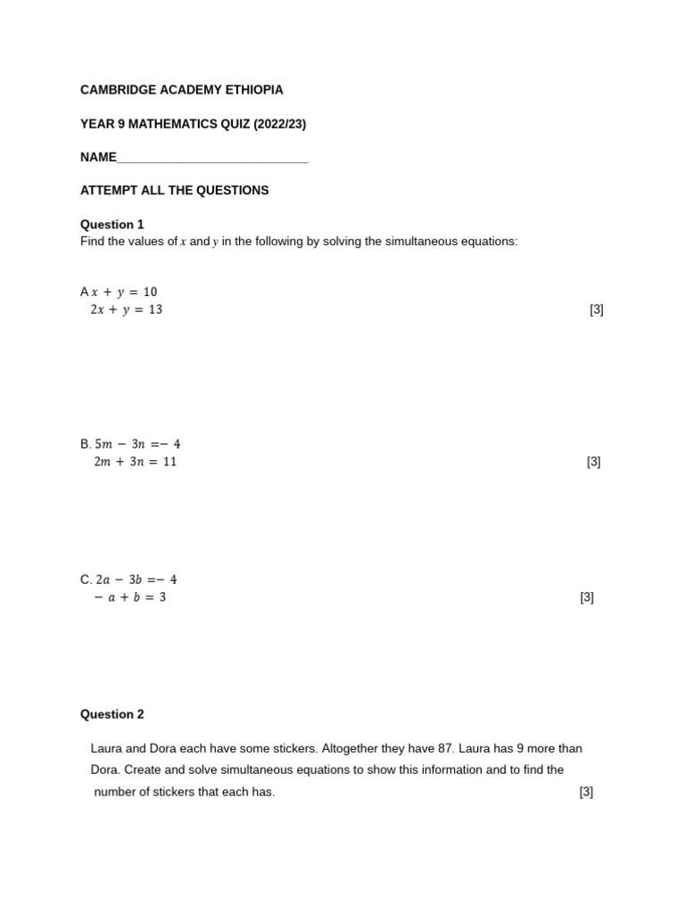 Year 9 Quiz 6 | PDF