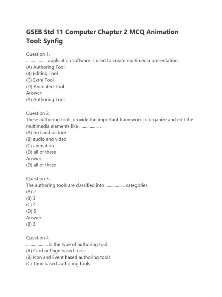 GSEB STD 11 Computer Chapter 2 MCQ Animation Tool ENG PDF | PDF GSEB STD 11 Computer Chapter 2 MCQ Animation Tool ENG PDF | PDF