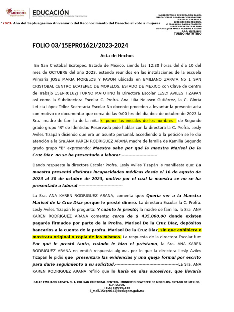 ACTA DE HECHOS 1 POR PRESTAMO A MARISOL | PDF