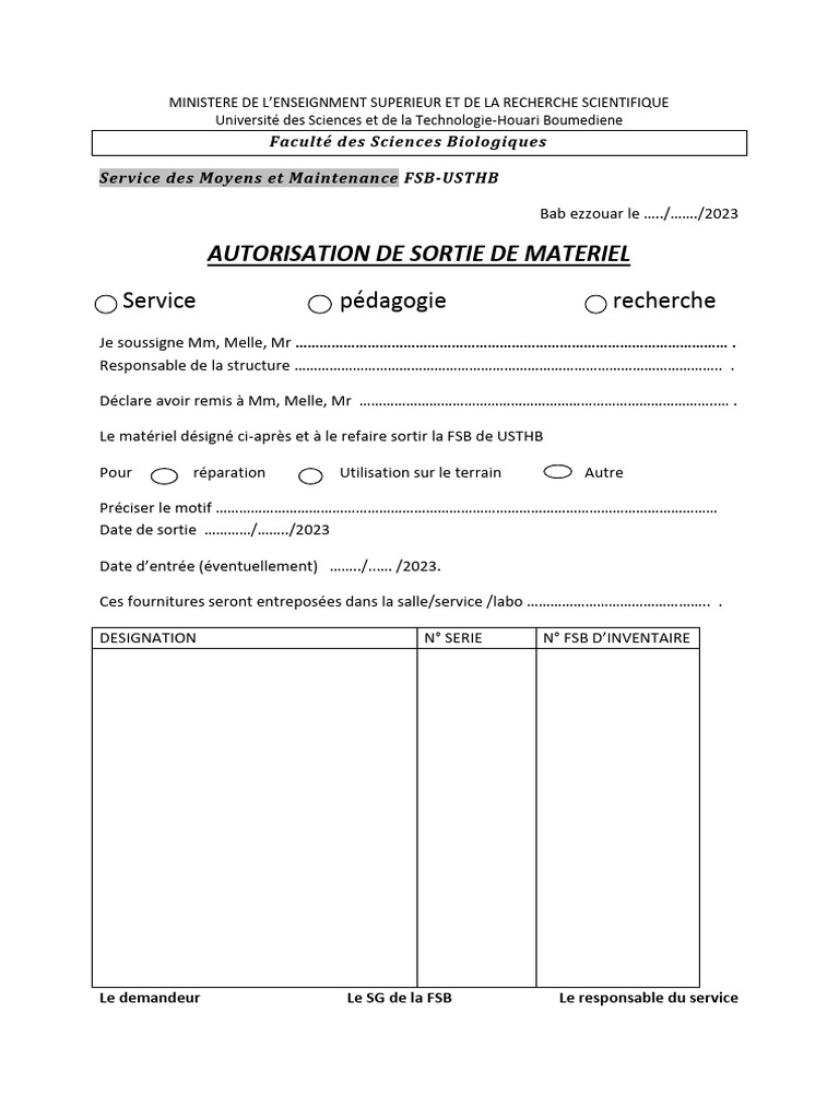 Autorisation de Sortie de Materiel | PDF