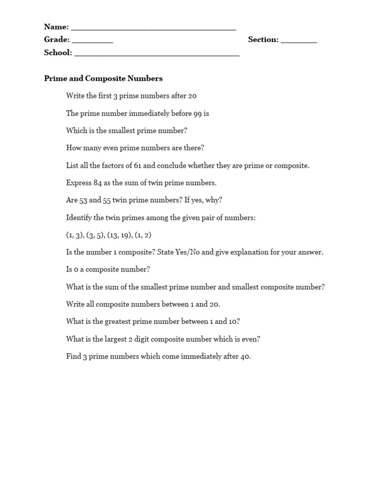 Prime and Composite Numbers Worksheet 1 | PDF