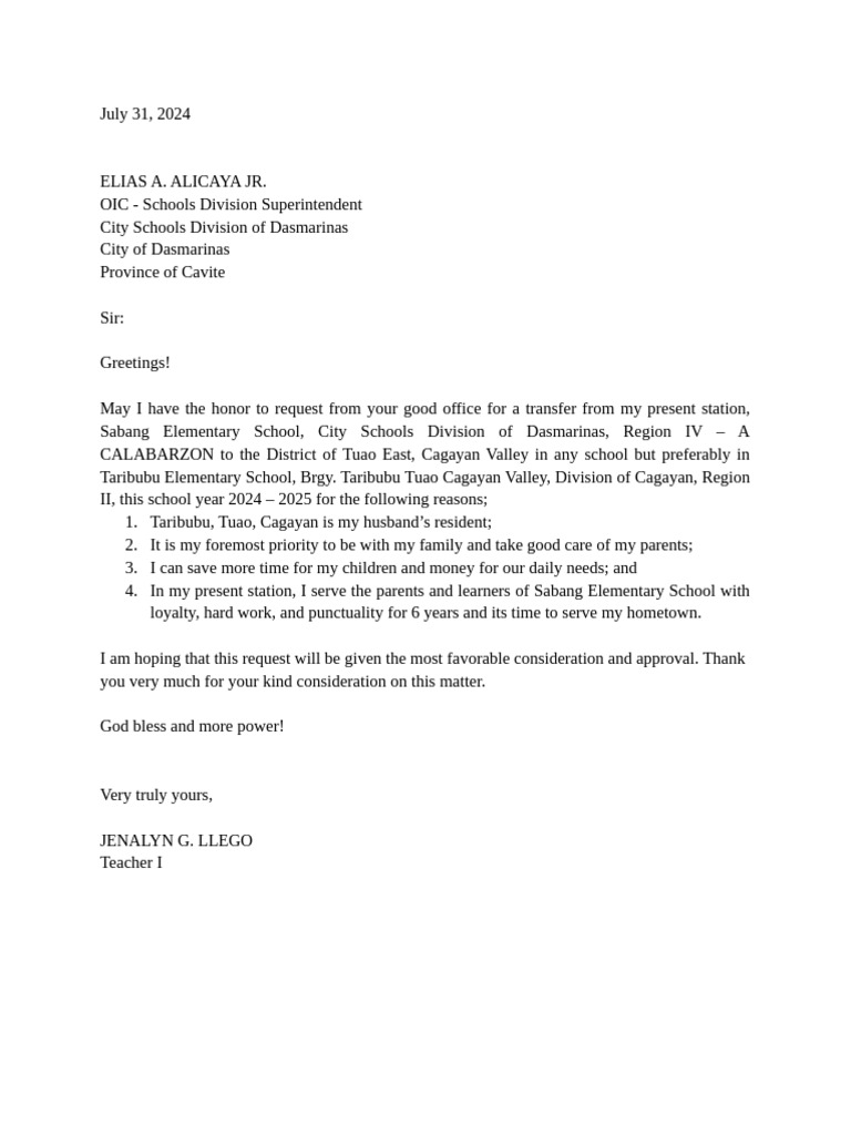 Request Letter For Transfer | PDF