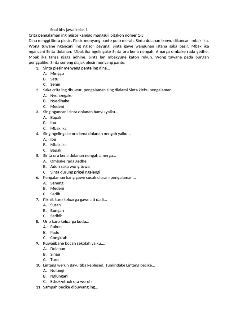 Soal Bhs Jawa Kelas 1 | PDF