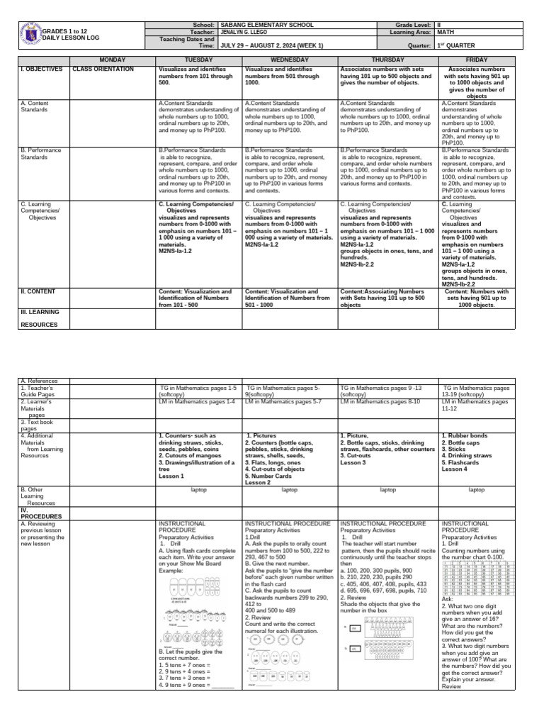 DLL Math-2 Q1 W1 | PDF